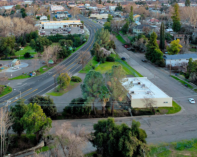 From above, Red Bluff reveals its perfect balance of nature and neighborhood, where tree-lined streets meet the gentle curve of the Sacramento River.