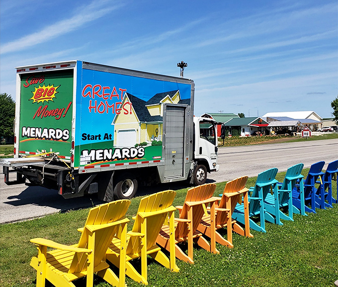 Even the roadside attractions in Harmony have personality! These colorful Adirondack chairs invite weary travelers to take a load off and watch the world roll by.