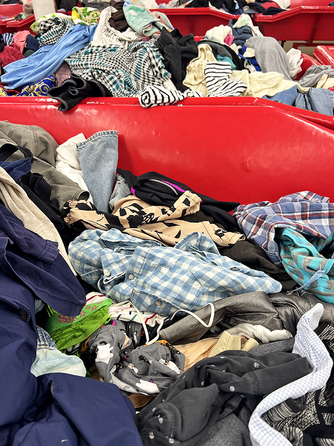 Those red bins aren't just containers&mdash;they're portals to possibility! Dig deep enough and yesterday's castoffs become tomorrow's conversation pieces.