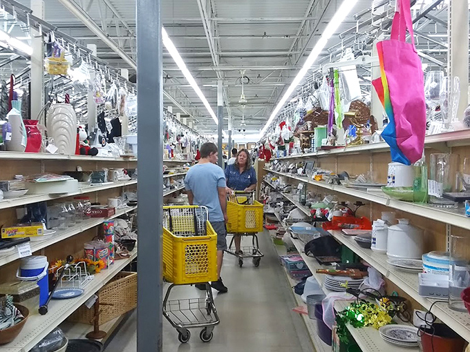 Two shoppers navigate the seemingly endless housewares section with their yellow carts. The thrill of the hunt is written all over their faces.