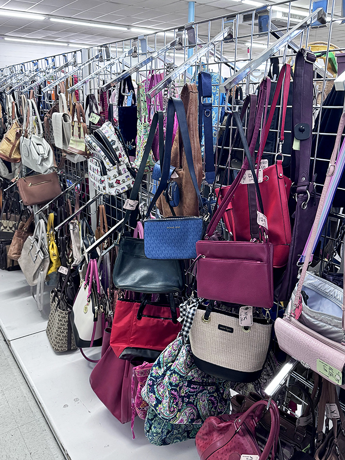 A rainbow of handbags dangles like ripe fruit, each with its own story and a price tag that won't make your wallet weep.