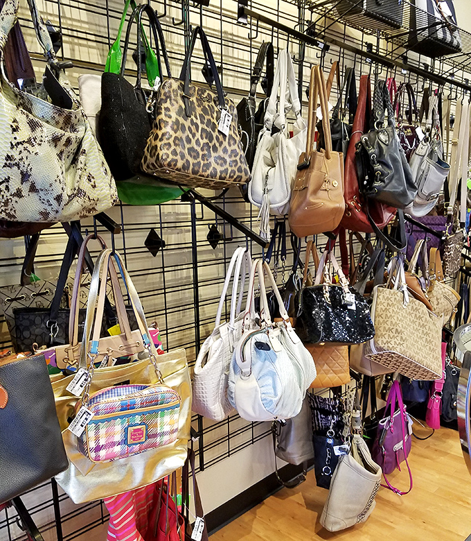 Designer handbags hanging like art in a gallery, except these masterpieces won't require a second mortgage to own.