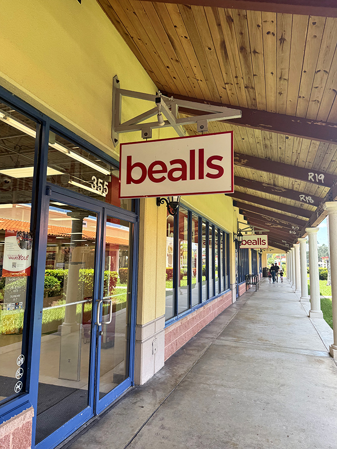 Bealls beckons bargain hunters with its signature red sign, a Florida shopping institution where coastal style meets wallet-friendly prices.