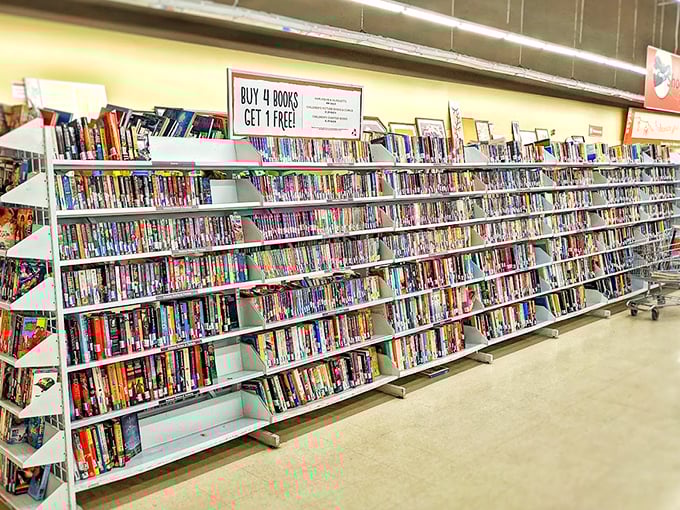 The DVD section: a time capsule where forgotten films and TV shows await rediscovery, like archaeological artifacts of pop culture past.