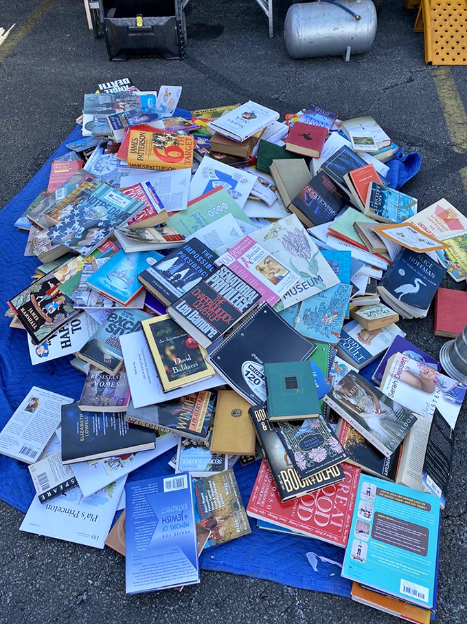 Literary treasures piled high on blue tarps&mdash;a book lover's dream where forgotten bestsellers and obscure gems await their next chapter.