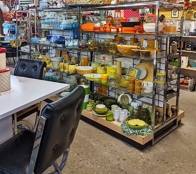 A rainbow explosion of mid-century kitchenware that would make your grandmother simultaneously proud and jealous. That mustard yellow collection is calling my name.