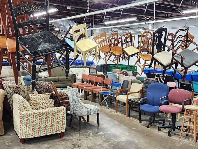 The furniture section defies gravity with chairs hanging like modern art installations. Your next dining set might be floating overhead!