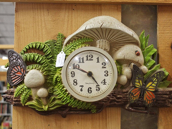 Time stands still among the mushrooms and butterflies. This whimsical clock would make Salvador Dal&iacute; nod in surrealist approval.