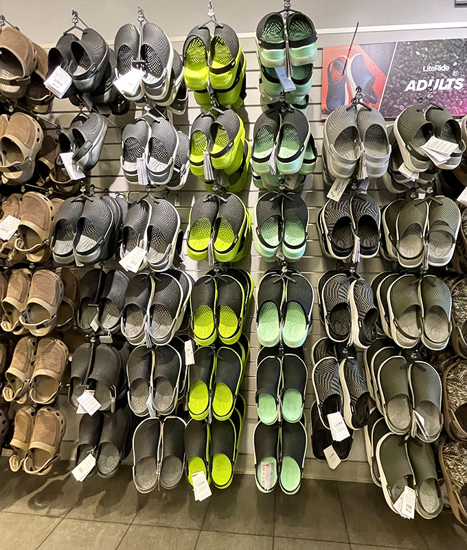 A rainbow of comfortable footwear stands ready for Florida's endless summer. These aren't just shoes—they're your feet's vacation plans.