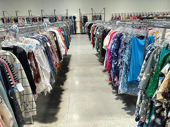 Fashion runway or thrift store aisle? The neatly organized clothing section makes treasure hunting a breeze rather than an expedition.