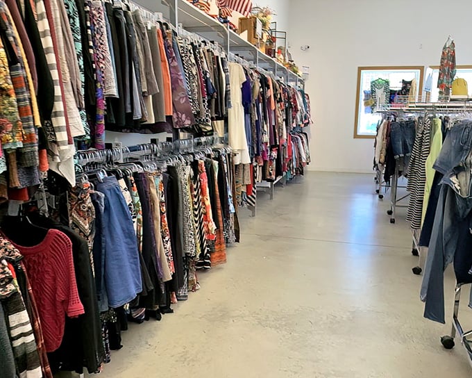Racks upon racks of potential wardrobe transformations line the aisles, each hanger a mystery waiting to be solved by curious shoppers.