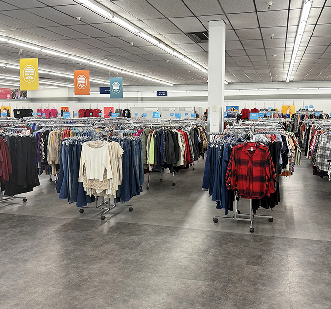 Rack after rack of clothing stretches into the horizon like a textile sea. The organization here would make Marie Kondo weep tears of joy.