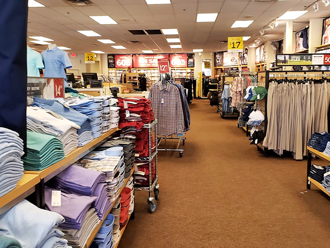Racks upon racks of neatly folded shirts in every color imaginable. Like a rainbow organized by someone with OCD.