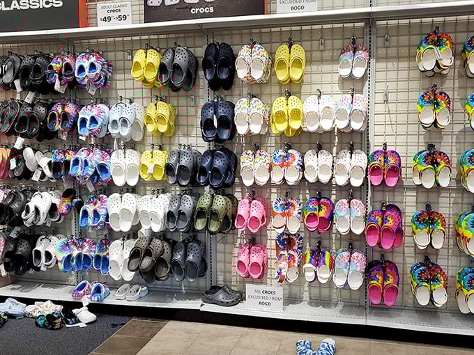 The Crocs display offers a rainbow of comfortable footwear options. Like them or loathe them, these foam wonders have outlasted many fashion predictions!