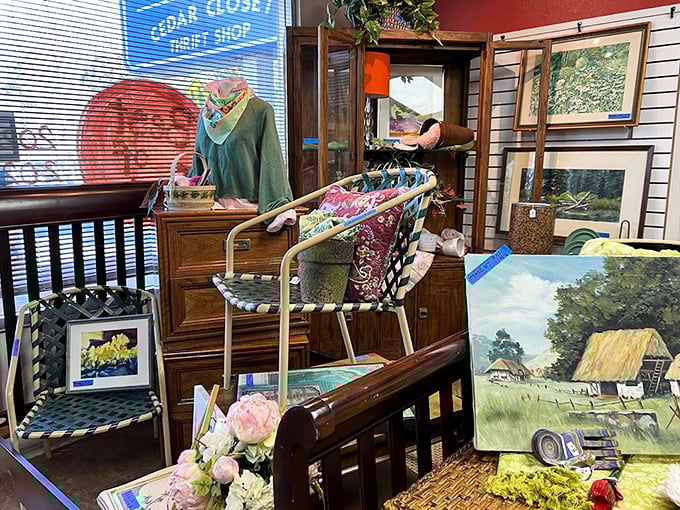 Treasure island in miniature! Vintage furniture, framed landscapes, and decorative touches create a vignette that whispers, "Take me home."