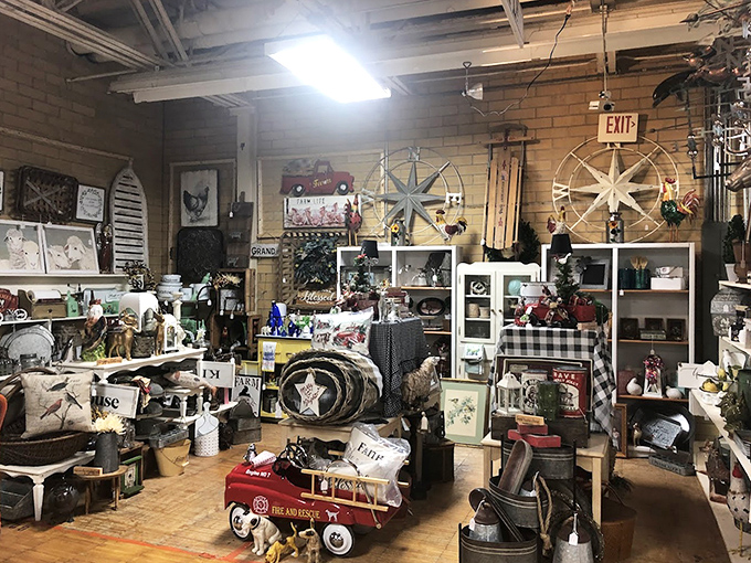 Farmhouse chic meets vintage Americana in this vendor's booth. That little red fire truck is calling your name from childhood.