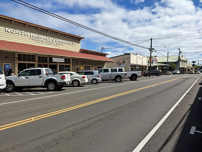 The North Hawaii Community building stands as a testament to small-town resilience, where financial matters and community gatherings happen under one historic roof.