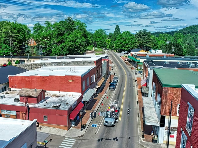 From this bird's-eye view, Rogersville reveals itself as a perfectly proportioned small town where every building seems to know exactly where it belongs.