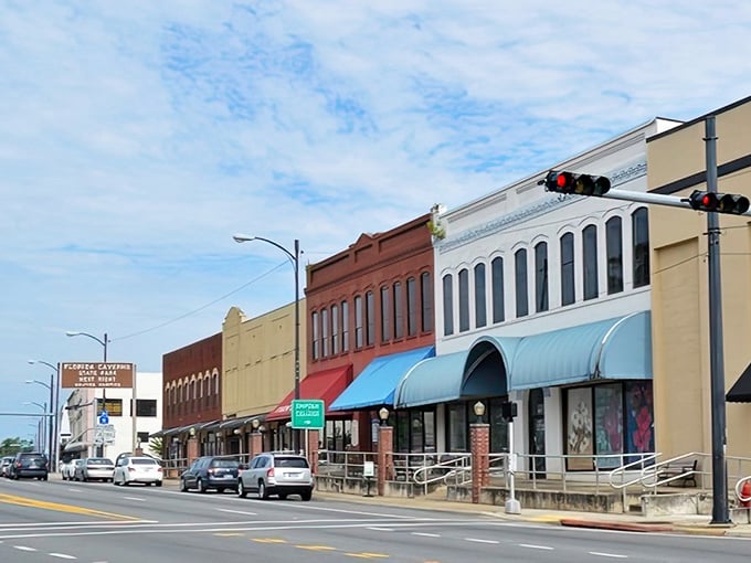 Historic storefronts line Marianna's main street, painted in colors that say "yes, we're charming, and we know it."