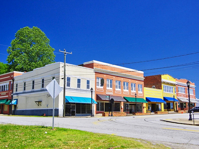 A picture-perfect lineup of historic buildings that wouldn't look out of place in a Norman Rockwell painting. Whitmire's Main Street offers a masterclass in small-town charm under impossibly blue Carolina skies.