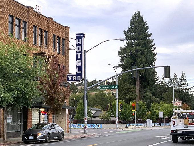 Downtown Willits showcases the historic Van Hotel, a brick sentinel from another era when travelers arrived by steam rather than streaming services.