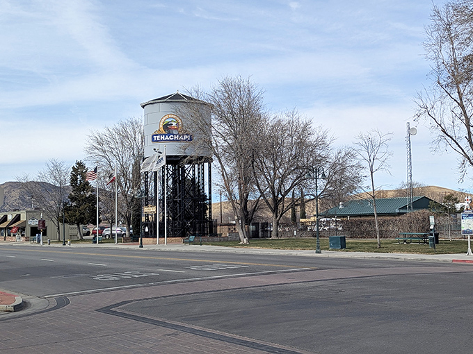 Tehachapi's iconic water tower stands as both landmark and love letter to the town's railroad heritage.