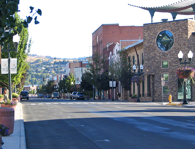 Main Street's gentle slope offers a glimpse of the surrounding hills, proving that "downtown view" doesn't have to mean staring at another skyscraper.