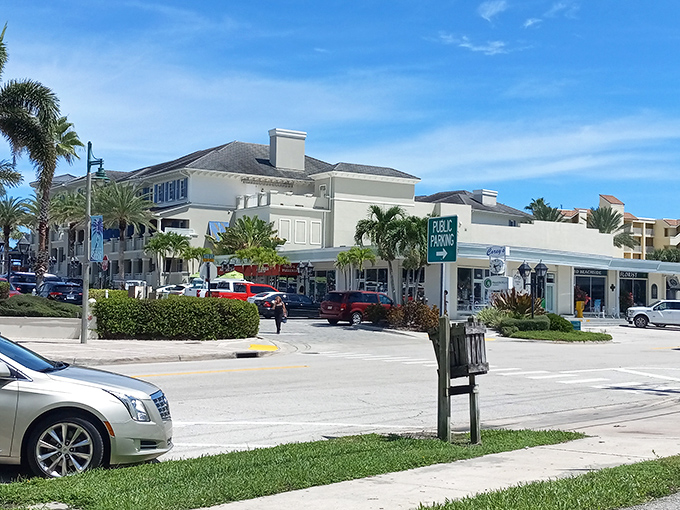 Ocean Drive's shopping district—where "rush hour" means three people arrived at the coffee shop simultaneously.