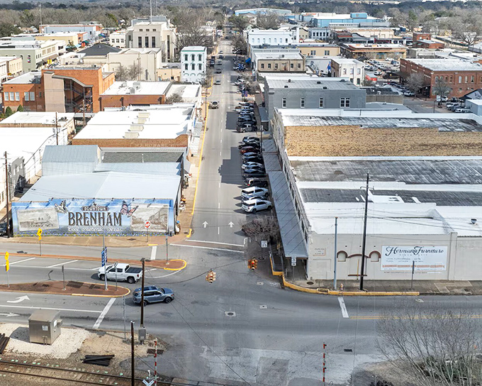 From above, Brenham reveals its perfect small-town layout &ndash; a place where "downtown traffic" means waiting for three cars at a stoplight.