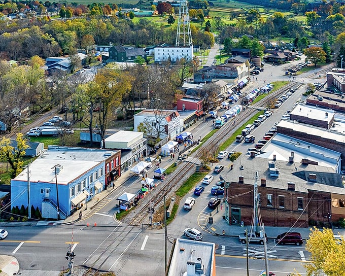 From above, Midway reveals its perfect name &ndash; nestled between rolling Kentucky hills with the railroad literally dividing the town in half. Small-town America doesn't get more picturesque.
