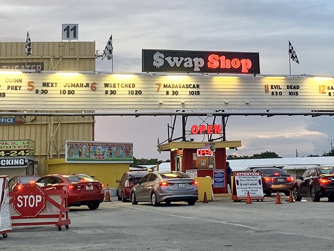 Movie listings by day, bargain hunting by dawn. The iconic Swap Shop entrance doubles as a drive-in theater after sunset&mdash;Florida's ultimate two-for-one special.