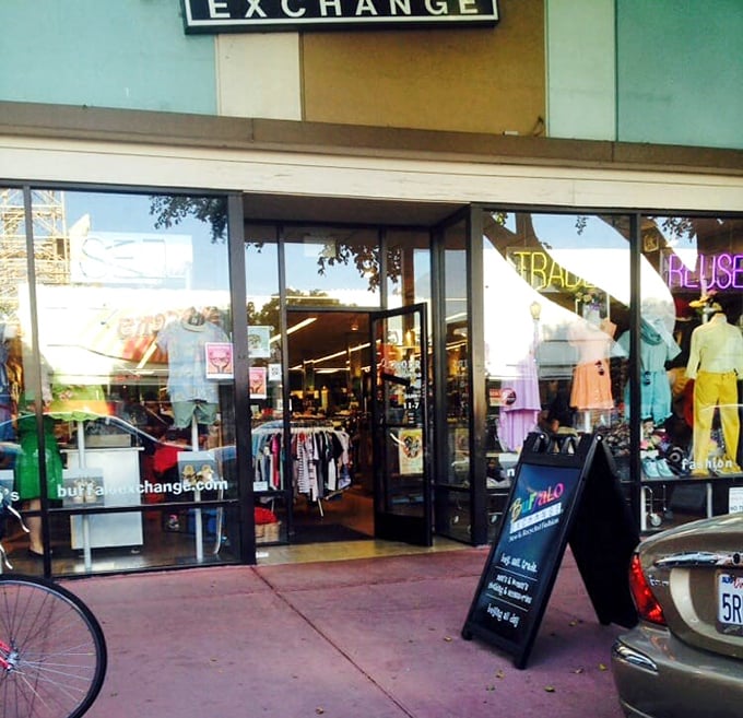 The unassuming storefront beckons fashion explorers with promises of vintage gems and contemporary steals hiding just beyond those doors.
