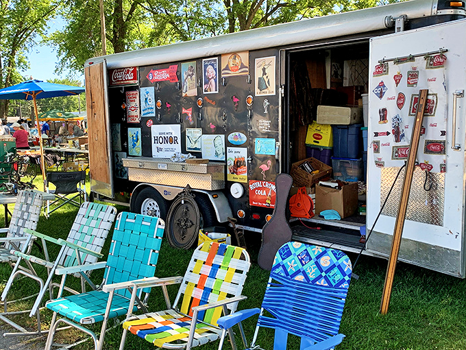 Nostalgia comes in technicolor at this vendor's display. These woven lawn chairs aren't just seating&mdash;they're time machines to backyard barbecues and lemonade stands of decades past.
