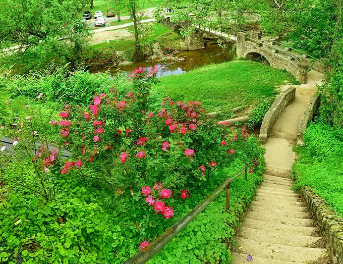 Where pathways lead to serenity. Pink roses frame this winding trail alongside a historic stone bridge, offering a moment of storybook perfection.