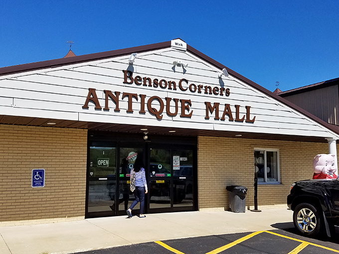 That sign might as well read "Abandon all shopping lists, ye who enter here." The siren call of antiquing begins at these doors.