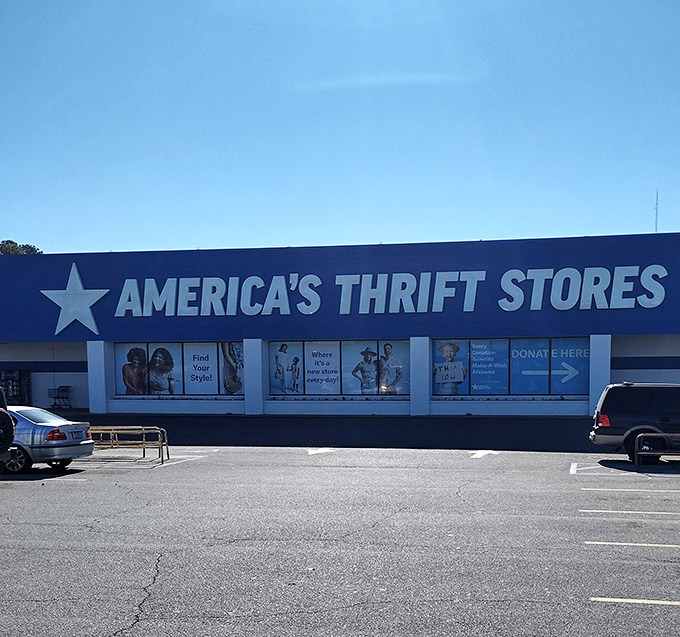 The iconic blue storefront stands proudly against the Alabama sky. Like a retail TARDIS, it's somehow bigger on the inside.