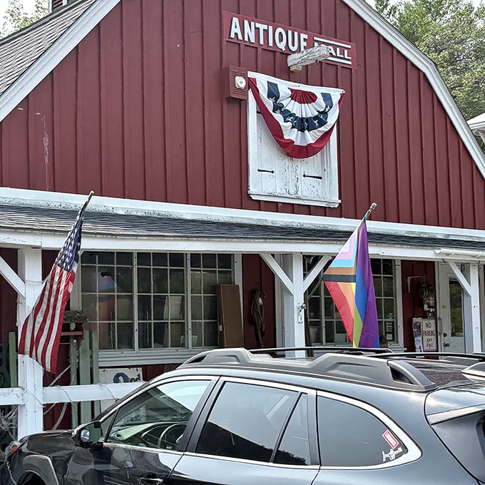 The patriotic bunting says "welcome," but that packed parking lot says "you should've gotten here earlier for the good stuff."