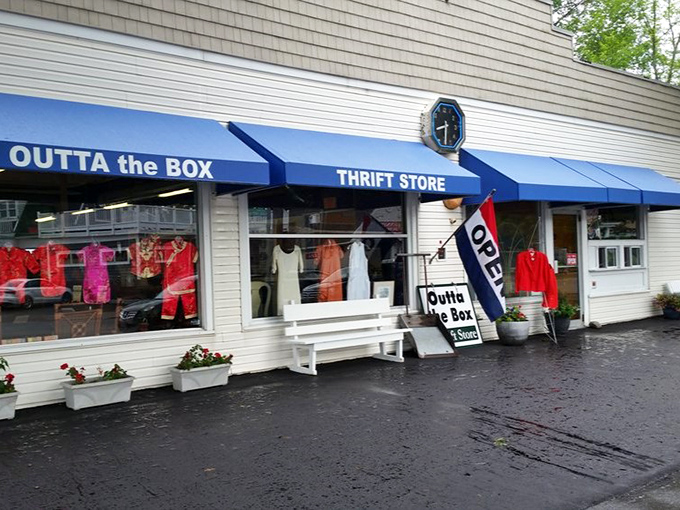 Rain or shine, the window displays hint at the eclectic wonders waiting just beyond that welcoming white bench.