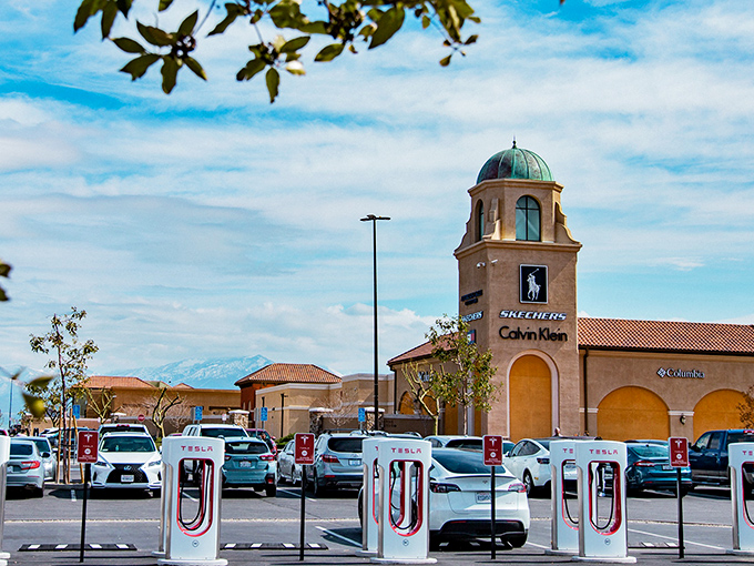 Where retail therapy meets actual therapy&mdash;Tesla charging stations mean you can recharge your car while your wallet gets a workout.