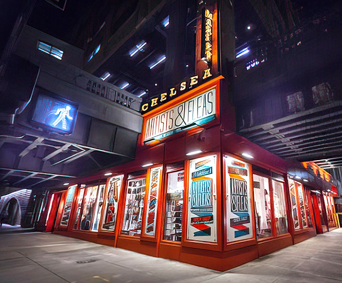 Lit up like a Broadway marquee, the Chelsea location glows with possibility after dark, a beacon for night owls seeking unique finds.