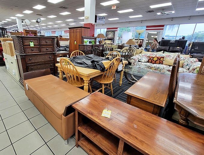 The furniture section could furnish an entire home with solid wood pieces that whisper stories of dinner parties past.