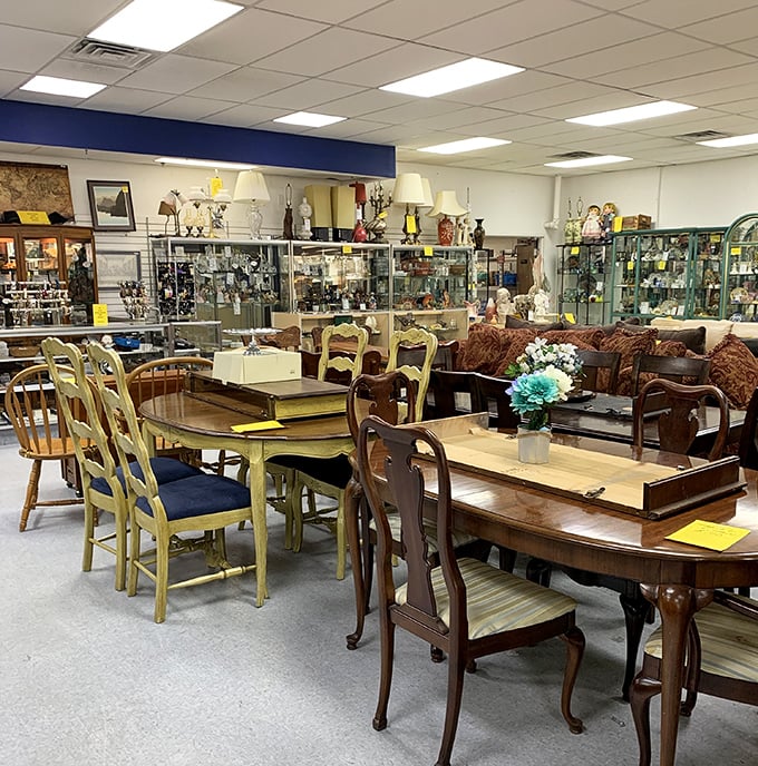 Dining table heaven! Where else can you find three different table styles having a friendly neighborhood get-together?