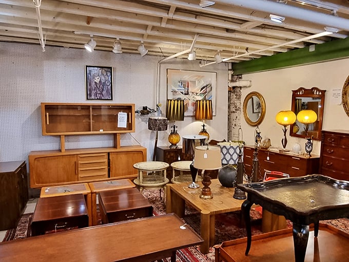 Mid-century modern furniture heaven! This dealer's booth showcases the clean lines and warm woods that have Mad Men fans reaching for their credit cards.