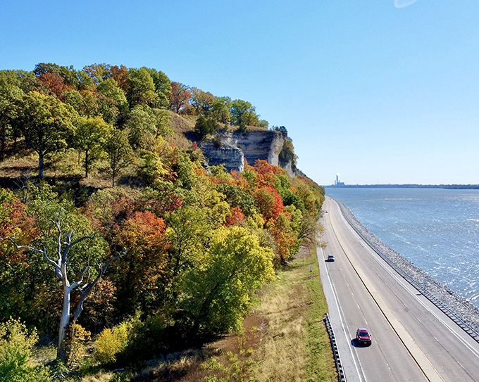 The Great River Road hugs limestone bluffs dressed in autumn finery. Nature showing off like it's auditioning for a calendar shoot. 