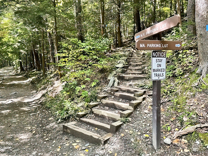 Choose your adventure: The trail fork offers two paths to paradise, with Massachusetts steps promising a more vigorous journey than their New York counterparts.
