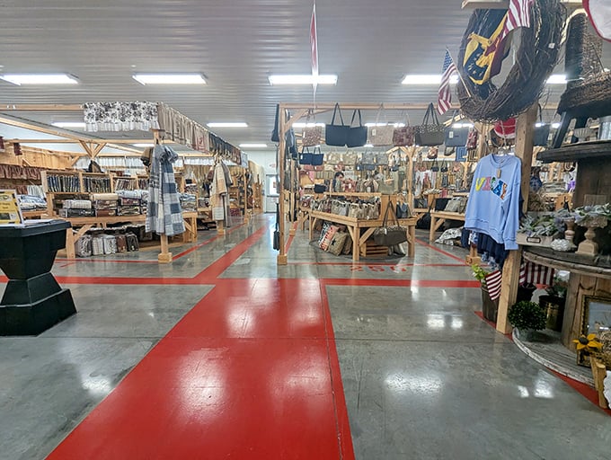 Wide aisles with that distinctive red floor guide you through a wonderland of handcrafted goods like a yellow brick road of retail therapy.