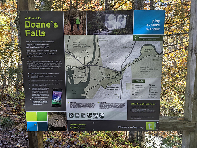 Your roadmap to wilderness wonder! This informational sign helps navigate the falls' multiple tiers while preserving the thrill of discovery.