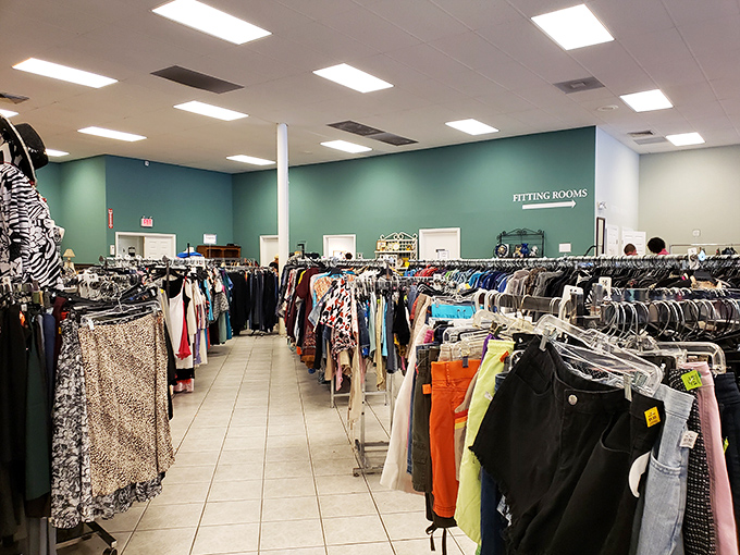 Organized chaos? Not here! Meticulously arranged clothing racks stretch toward fitting rooms, promising treasure hunts without the usual thrift store scavenger work.