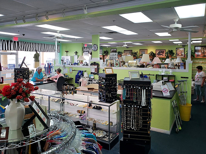 Lime green walls and organized displays that would make Marie Kondo weep with joy. This ain't your grandmother's cluttered thrift shop.