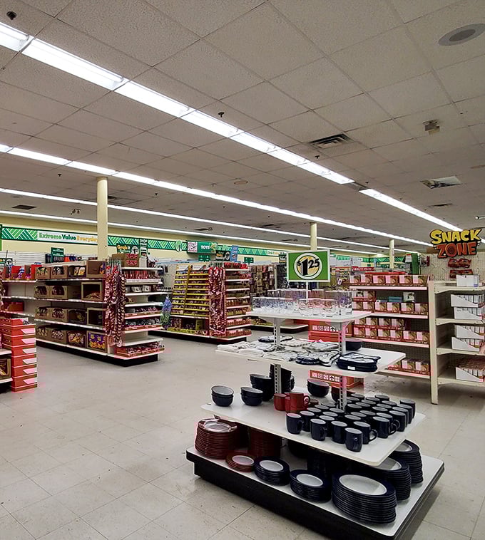 Aisles of possibility stretch before you, where kitchen essentials and snack zones coexist in budget-friendly harmony.
